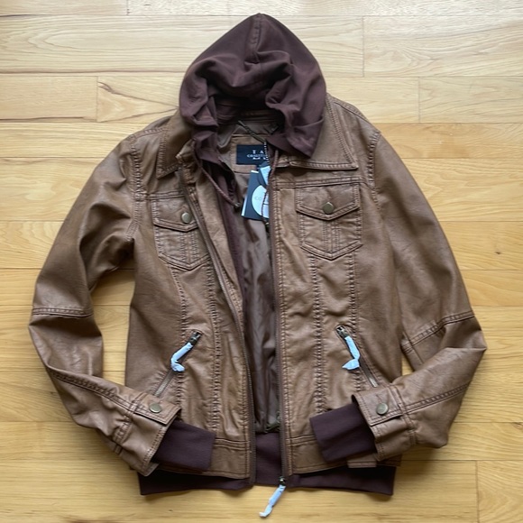 Jackets & Coats | Nwt Vegan Leather Jacket With Built In Hoodie ...